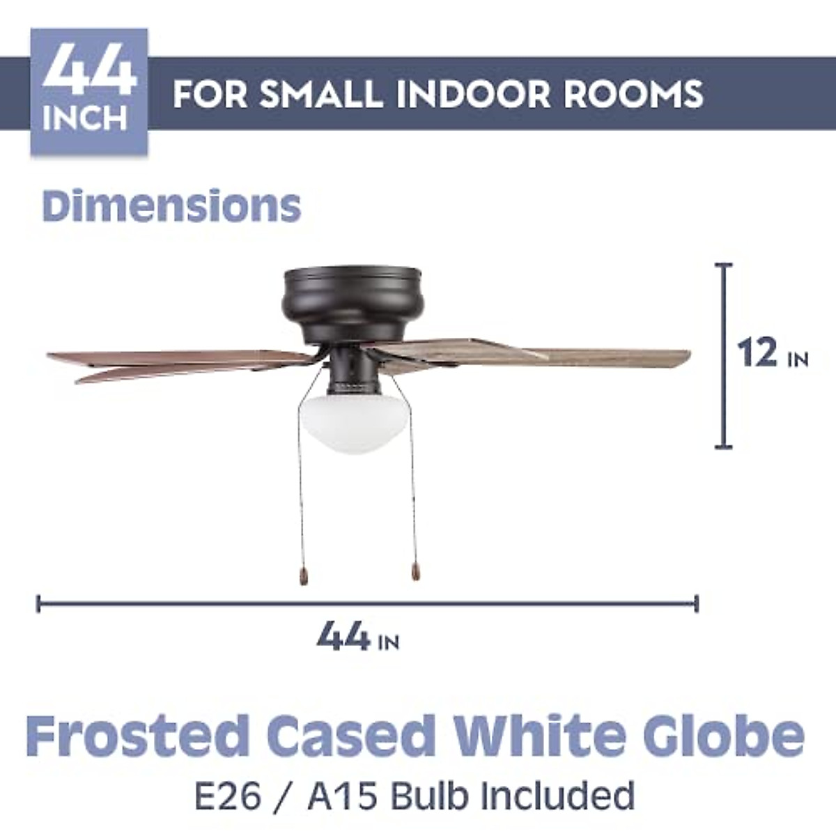 Prominence Home Alvina Traditional 44 Inch Ceiling Fan with Light, LED Flush Mount Ceiling Fan, Indoor Fan with 5 Blades, Gray Pine and Maple Brown Blade Finish Options, Bronze (51584-01)