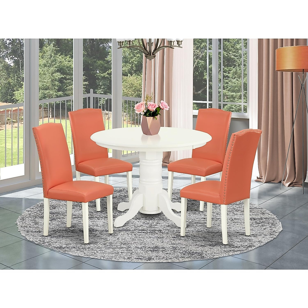 HomeStock Southwestern Sanctuary 5Pc Rounded 42 Inch Dining Table and Four Parson Chair with Linen White Leg and Pu Leather Color Pink Flamingo