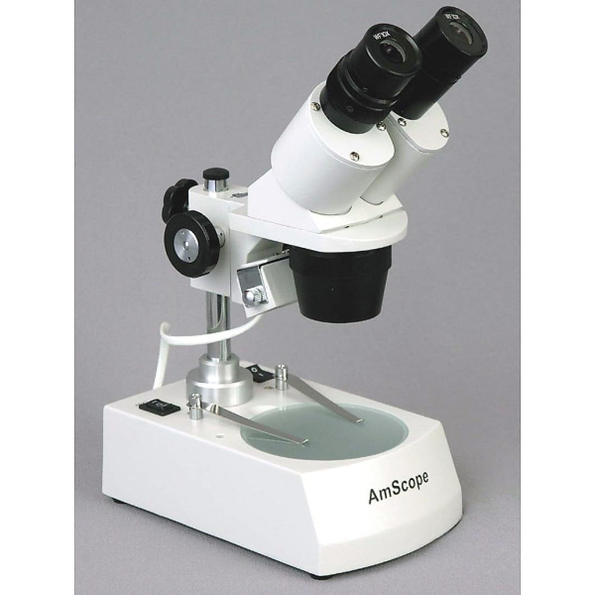 AmScope SE305R-P-LED Forward-Mounted Binocular Stereo Microscope, WF10x Eyepieces, 10X and 30X Magnification, 1X and 3X Objectives, Upper and Lower LED Lighting, Reversible Black/White Stage Plate, Pillar Stand, 120V or Battery-Powered