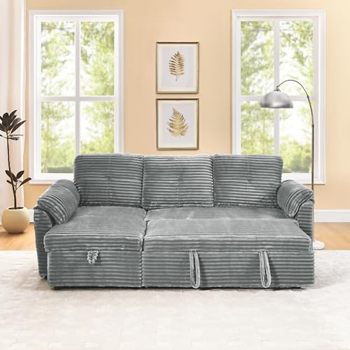 Corduroy Tufted Upholstered Left Facing Sleeper Sectional Sofa, L-Shaped Pull Out Sleep Couch Bed Modular Convertible Sofabed with Right Storage Chaise and Pillow-top Armrests for Living Room
