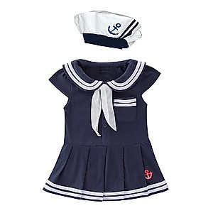 LXKIKMM Baby Girl Nautical Dress Sailor Suit Jumpsuit Romper with Hat, Navy 0-3 Months
