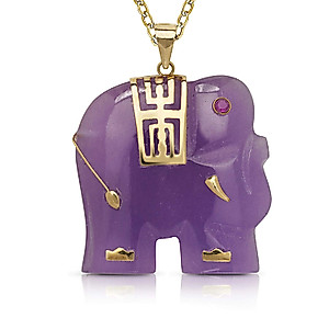 JewelryWeb 14k Gold Lavendar Jade or Blue Lapis Good Luck Elephant Necklace (22mm x 30mm) (Purple)