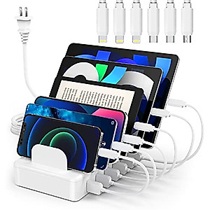 ZXSWONLY Charging Station for Multiple Devices, 50W 6 Ports USB Charging Station Organizer with 6 Cables Compatible with Cellphone, Tablet, Kindle, and Other Electronic (White)