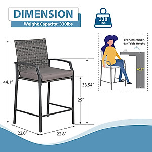 JOIVI Outdoor Wicker Bar Stools Set of 4, Patio Rattan Counter Height Chairs with Cushions, Armrest and Footrest for Indoor, Garden, Poolside, Lawn, Backyard