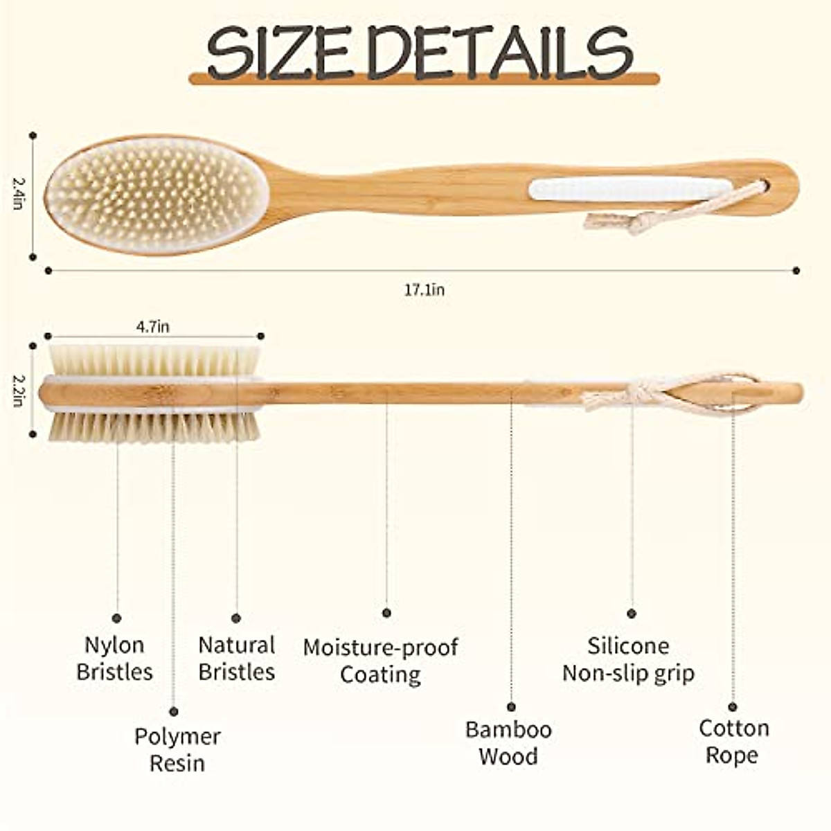 Jekayla Back Scrubber for Shower with Long Handle, Body Exfoliator, Shower Brush for Wet or Dry, Back Brush for Men and Women, Exfoliating Body with Soft Scrub and Stiff Bristles, White