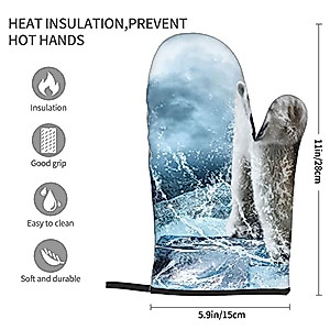 Cool Animal White Polar Bear Printed Oven Mitts Heat Resistant Non-Slip Waterproof Oven Gloves for Grilling BBQ Cooking Baking Kitchen Microwave Pizza
