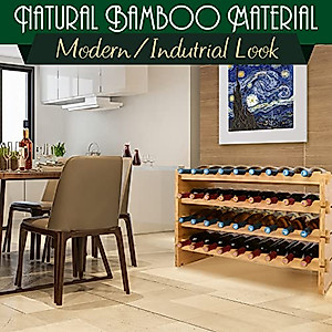 SereneLife 36 Bottle Stackable Wine Rack, 33.5” x 10” x 21” 4-Tier Large Floor Freestanding Modular Wine Bottle Storage Display Shelf Natural Bamboo Wood Construction for Kitchen and Cellar