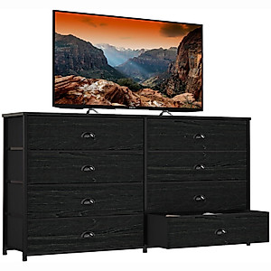 Furnulem Wide Dresser with 8 Fabric Drawers, TV Entertainment Center with Storage for 55'' TV, Large Chest of Drawers for Bedroom, Living Room, Dorm, Closet, Entryway, Wood Top (Black Oak)