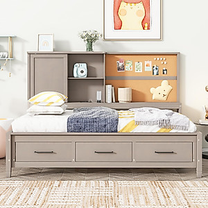 Ball & Cast Twin Daybed with Storage Shelves and 3 Drawers,Bed Frame W/USB Ports,Sliding Doors & Cork Board,for Bedroom,Guest Room,Apartment,Antique Gray