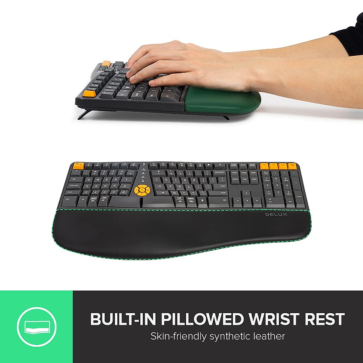 DeLUX Wireless Ergonomic Keyboard - Ergo Split Keyboard with Palm Rest for Natural Typing, 2.4G and Bluetooth, Full-Size, US Layout - Compatible with Windows and Mac OS (GM905, Graphite)