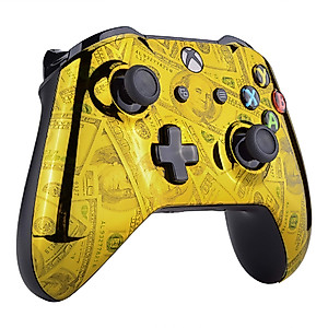 eXtremeRate Chrome Gold 100 Cash Money Dollar Front Housing Shell Case, Glossy Patterned Faceplate Cover Replacement Kit for Xbox One S & One X Controller (Model 1708)