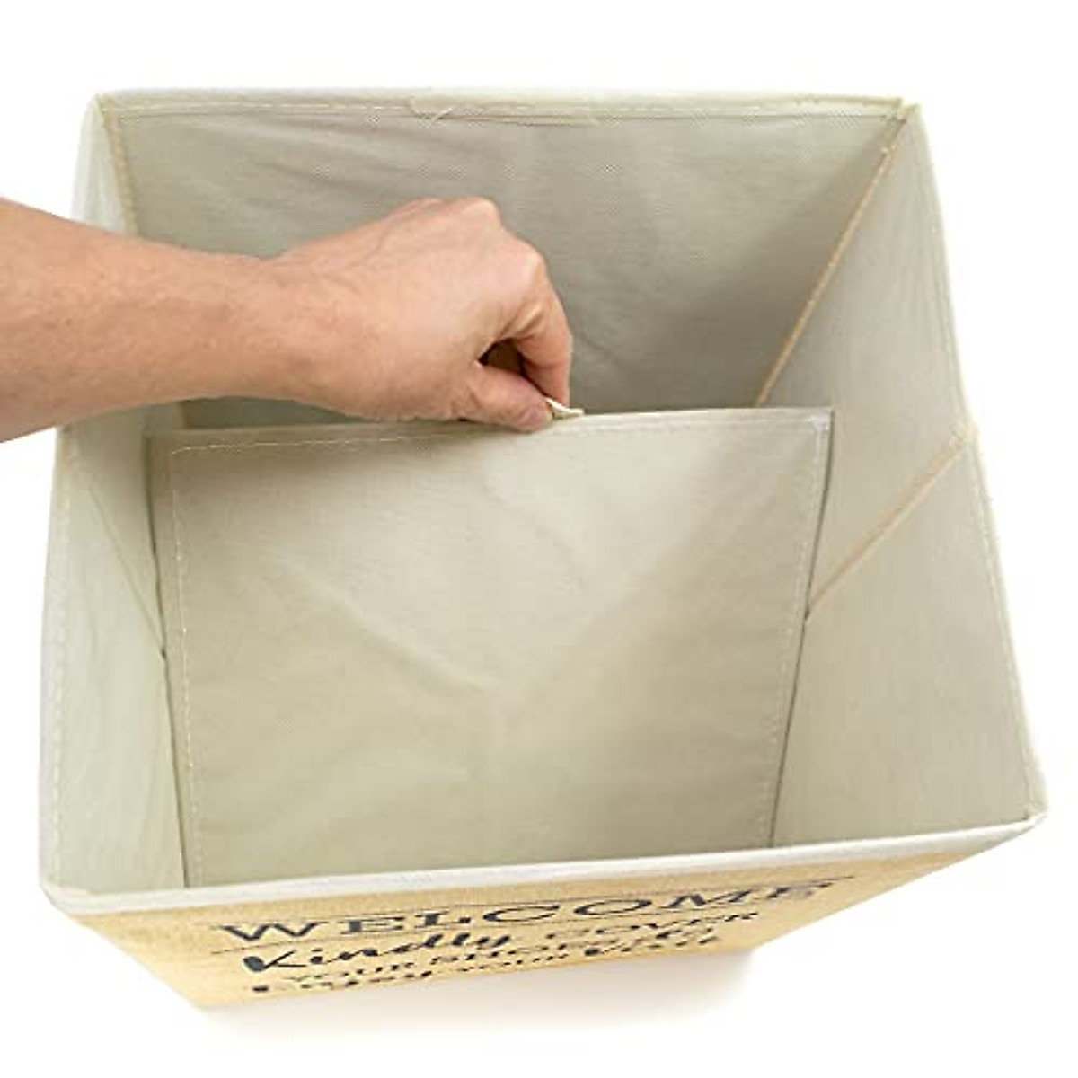 Premium Linen Look Foldable Shoe Cover Bin, Indoor Real Estate Bootie Box, Open House Supply with 10 Pack Shoe Covers and a Please Use Shoe Covers, Double Sided, Door Hanger (Linen Bin with 10 Pack Shoe Covers)