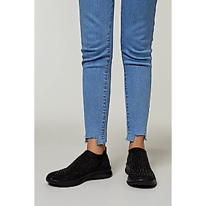 BELOS Women's Rhinestone Slip On Walking Shoes Breathable Mesh Knit Sock Shoes Fashion Comfortable Sparkly Sneaker(Black,10)