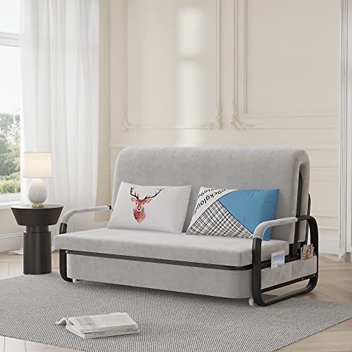 PIAQIA Convertible Pull Out Couch Sleeper with 1” Natural Latex Mattress, Folding Futon Sofa Bed with Storage, Suitable for Apartment, Dorm, Guest Room, Office, Light Gray, 59" Width