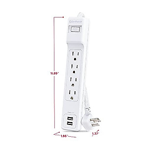 CyberPower P606URC2 Surge Protector, 500J/125V, 15A, 6 Outlets, 2 USB Charging Ports, 6 Foot Cord, White