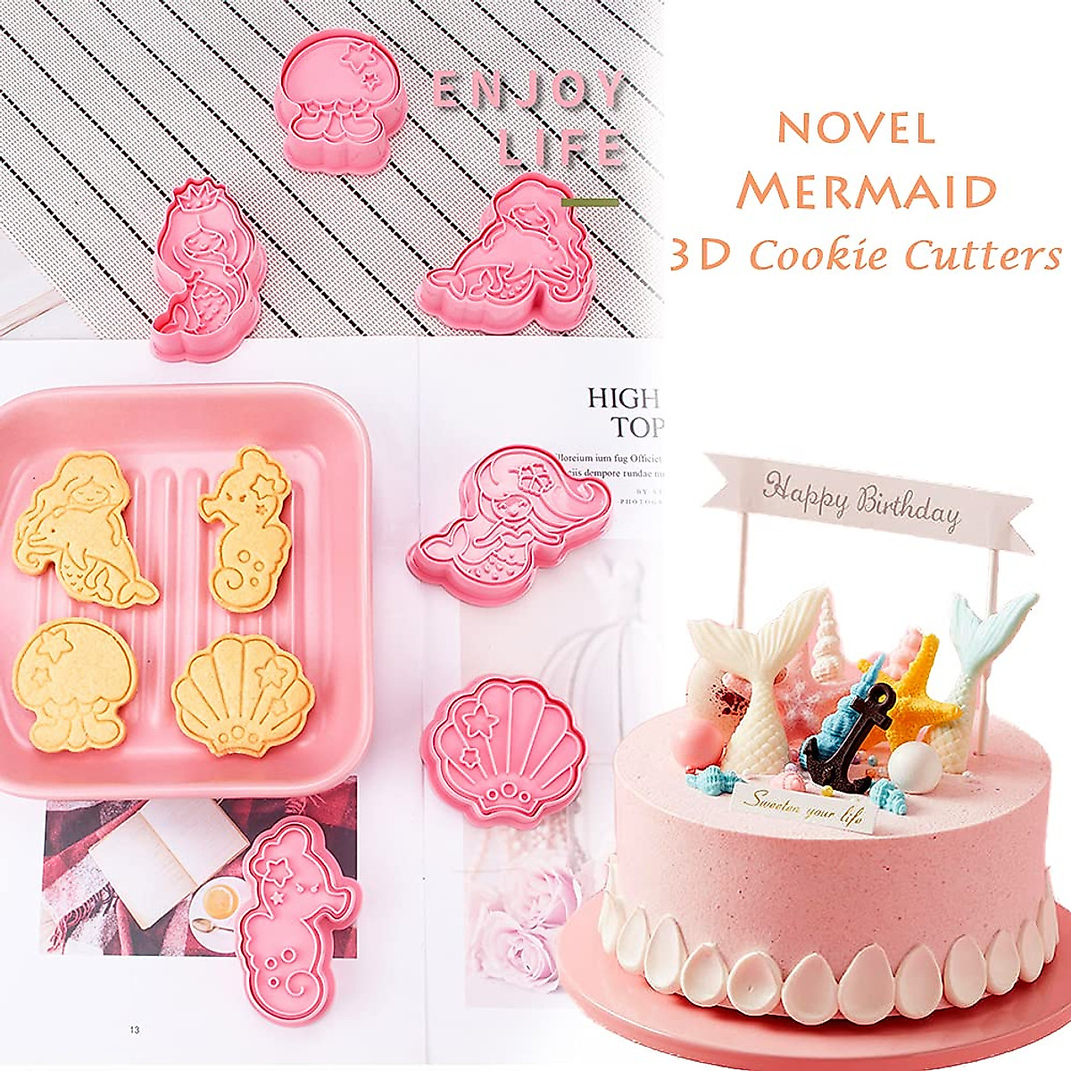 Novel Mermaid Cookie Cutters and Stamper, 6-Style 3D Mermaid Cookie Cutters Set for Kids Birthday Party and Festival (Pack of 12)
