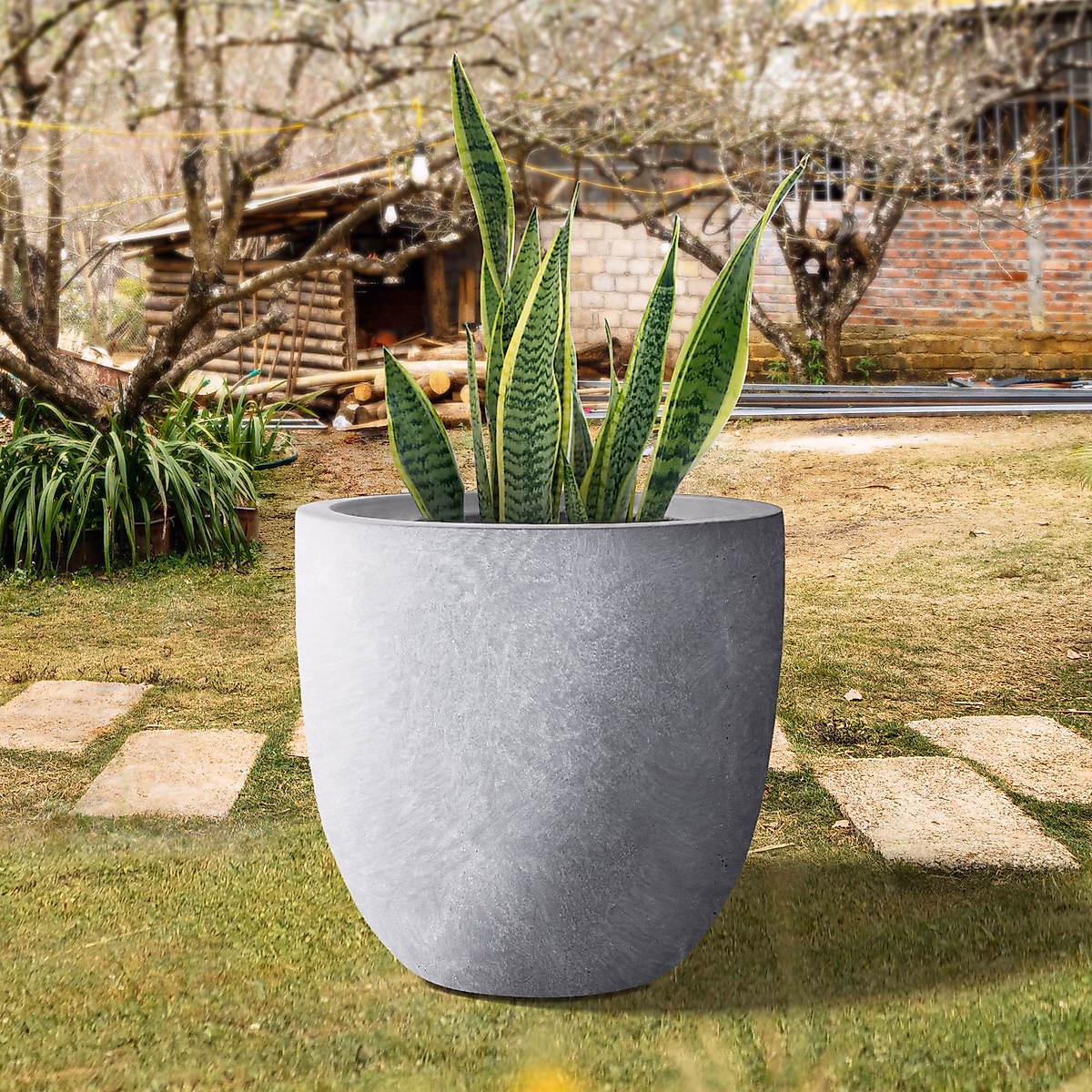 Kante RC0050B-C60611 Lightweight Concrete Modern Outdoor Round Planter, 14" x 14" x 12", Slate Gray