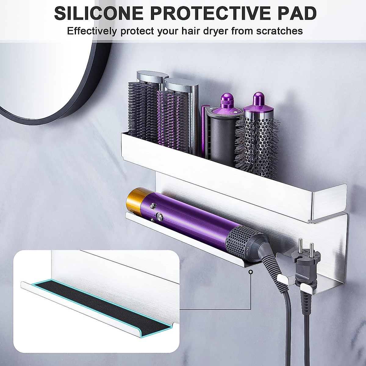 YAYINLI Blow Dryer Holder Wall Mounted Hair Dryer Holder, Blow Dryer and Curling Iron Holder for 7 in 1 Styler Attachments, Stainless Steel Straightener Holder, Bathroom Hair Tools Organizer Storage