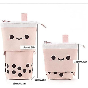 Cute Pencil Case Kawaii Standing Pen Holder Bubble Tea Boba Milktea Pop Up Back to School Supplies Stationery Organizer Bag with Smile Face Cosmetics Pouch Makeup Bag for Kids Students Teens (Pink)
