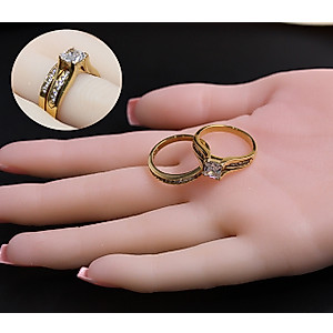 MABELLA His & Hers 3 Pcs Gold Plated Mens Matching Band Womens Princess Cut Stainless Steel Wedding Ring Set Women's Size 9 Men's Size 12