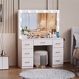 FURNJOYLIFE White Makeup Vanity Desk with Lighted Mirror & Power Outlet,3 Color Modes, Brightness Adjustable,Vanity Table with Drawer,Sliding 2 Storage Wall-Mounted Jewelry,4 Shelves for Bedroom