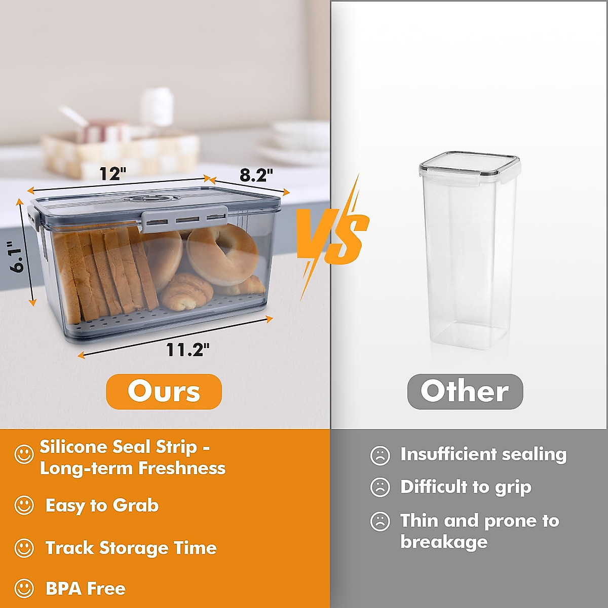 Bread Box&Bread Slicer, Bread Slicer for Homemade Bread, Large Bread Box Airtight with Lid, Time Recording Bread Container for Homemade Bread, Toast, Bagel, Donut and Cookies (Box:11.2"x7.5"x6.1"/8L)