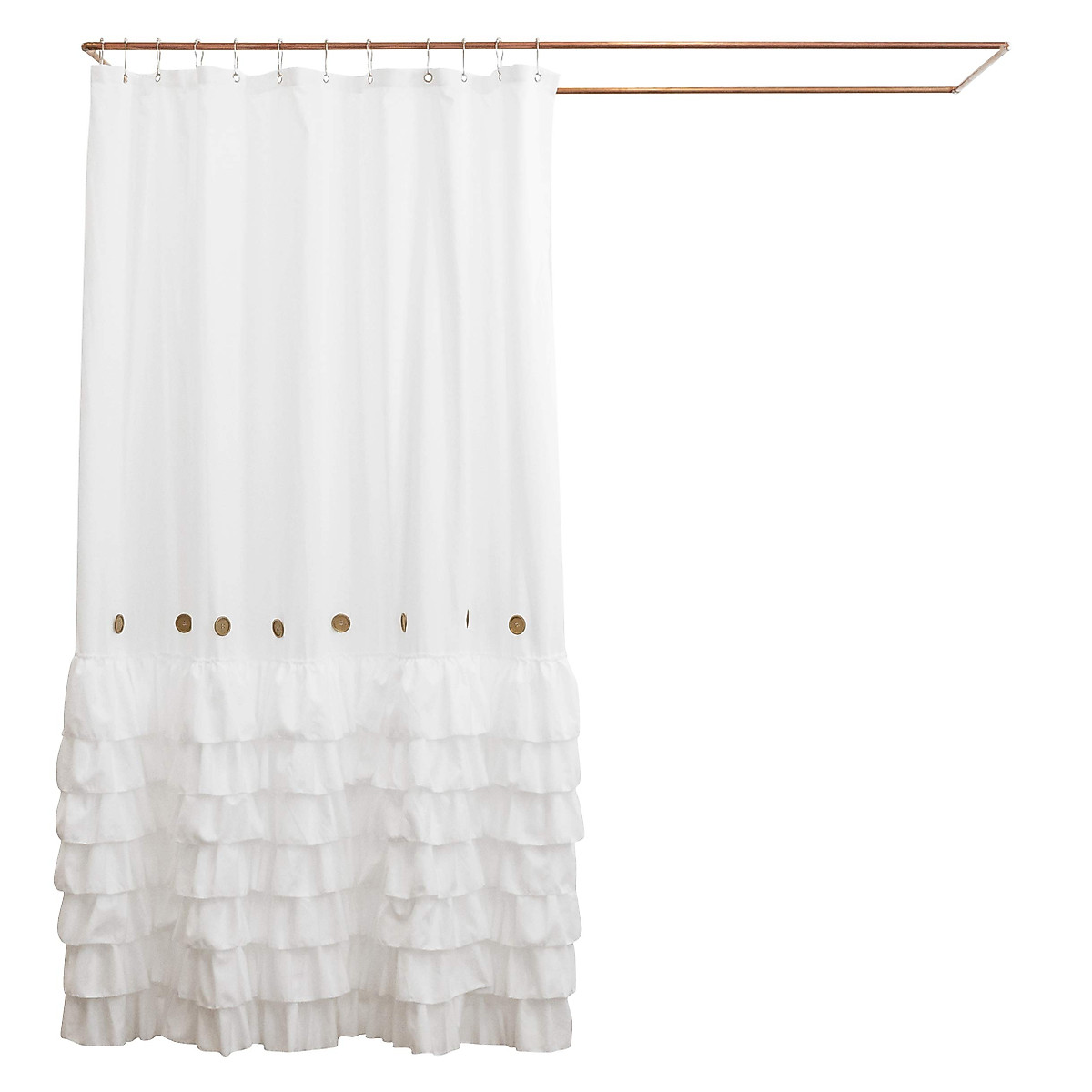 Shaina White Farmhouse Shower Curtain 72 x 72 with Shabby Chic Ruffles and French Country Style Buttons - Modern Farmhouse Fabric (White)