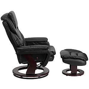 Flash Furniture Austin Contemporary Multi-Position Recliner and Ottoman with Swivel Mahogany Wood Base in Black LeatherSoft