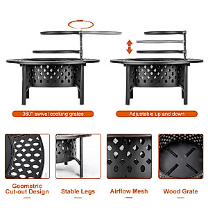 OutVue 36 Inch Fire Pit with 2 Grills, Wood Burning Fire Pits for Outside with Lid, Poker and Round Waterproof Cover, BBQ& Outdoor Firepit & Round Metal Table 3 in 1 for Patio, Picnic, Party