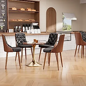 Aowos Dining Chairs Set of 4, Mid Century Modern PU Leather Upholstered Kitchen Chairs with Walnut Back and Iron Legs, Comfortable Seating for Kitchen, Dining Room, Bar Counter, Living Room (Black)