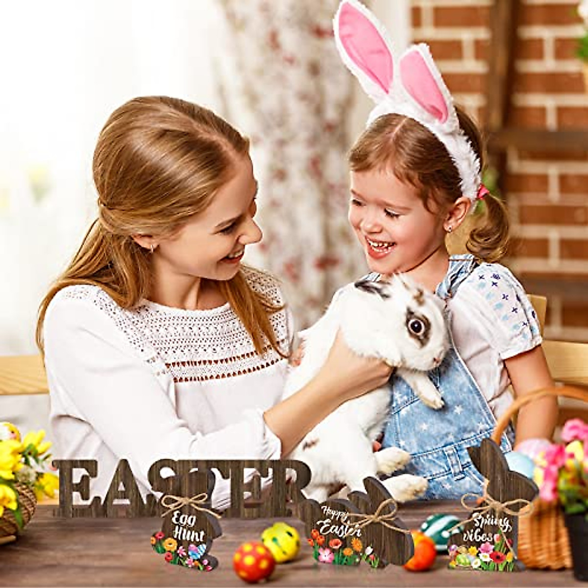 4 Pcs Easter Table Decorations Easter Bunny Signs Wooden Bunny Decor Easter Word Sign Rustic Farmhouse Rabbit Tiered Tray Decor Spring Sign for Home Party Decoration (Flower Bunny Style)