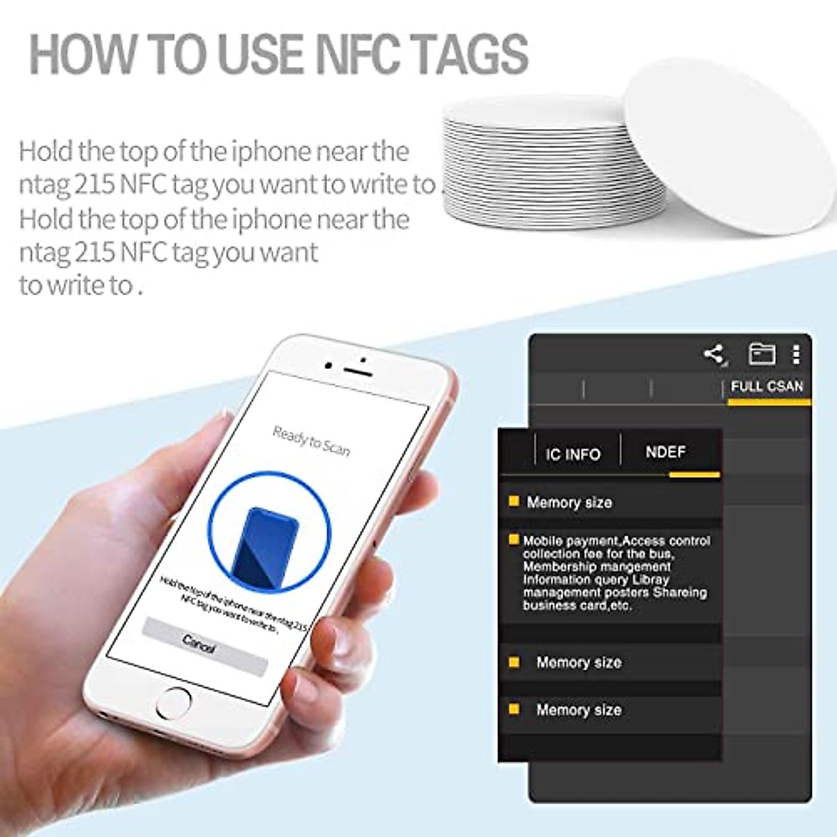 50pcs NFC Cards NFC Tags Ntag 215 NFC chip NFC 215 tag rewritable NFC Coin Cards，Compatible with Tagmo and NFC Enabled Mobile Phones and Devices, Round (25 mm/ 1 Inch)