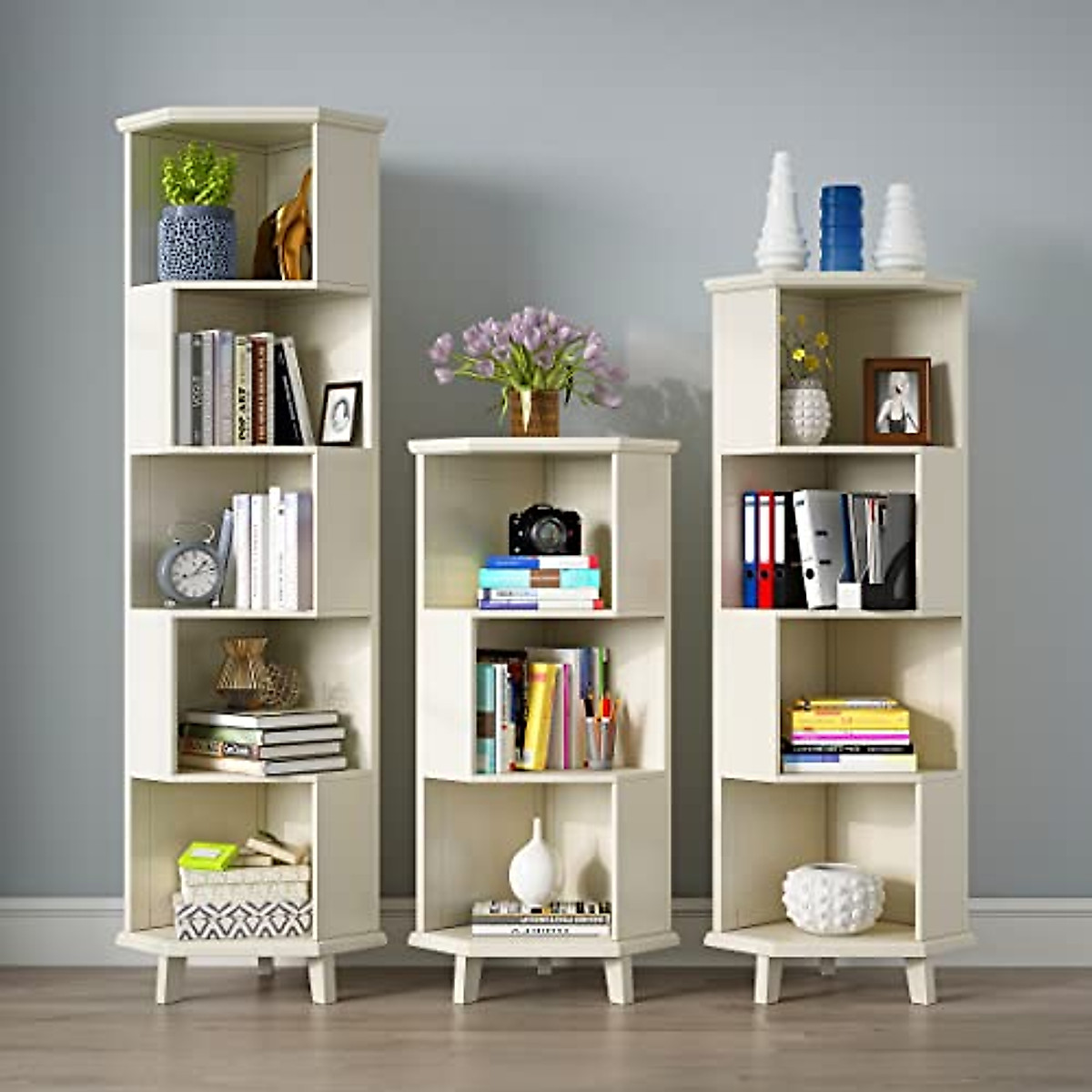 WILK 5-Layer Cube Corner Bookshelf Solid Wood Corner Bookcase, White, 15.7(L) x 15.7(W) x 71.7(H)