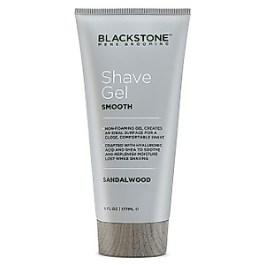 Blackstone Men's Grooming Smooth Shave Gel - Non Foaming for a Smooth Comfortable Shave - Hyaluronic Acid, Shea, Peppermint & Tea Tree - Cool, Soothe & Replenish Moisture - Sandalwood Scent (6 oz)