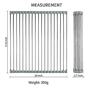 Over Sink Dish Drying Rack, 304 Stainless Steel Roll Up Dish Drainer, Silicone Anti-Slip Roll Out Dish Rack Rolling Flat Sink Rack Mat Foldable Multipurpose for Kitchen Counter (17.7"x16.5")
