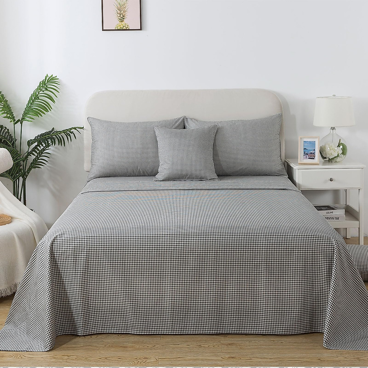 FADFAY Black Plaid Queen Size Sheets 100% Cotton Geometric Checker Bedding Teens Grid White Gingham Pattern College Bedding Deep Pocket Sheets with 2 Pillowcases Ultra Soft 4pcs, Queen Size