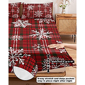 Christmas Fitted Bed Sheet Full Size,Winter Snowflake Soft Bottom Sheet with Pillow Case,Green Red Tartan Plaid Fitted Sheet Bedding Set for Mattress Fit 5"-16" Deep Pockets