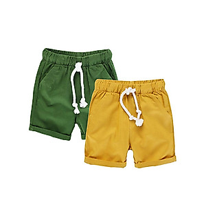 HILEELANG Baby Boys' Shorts 2-Pack Chino Short Summer Cotton Casual Pants with Pockets Yellow Green 2t