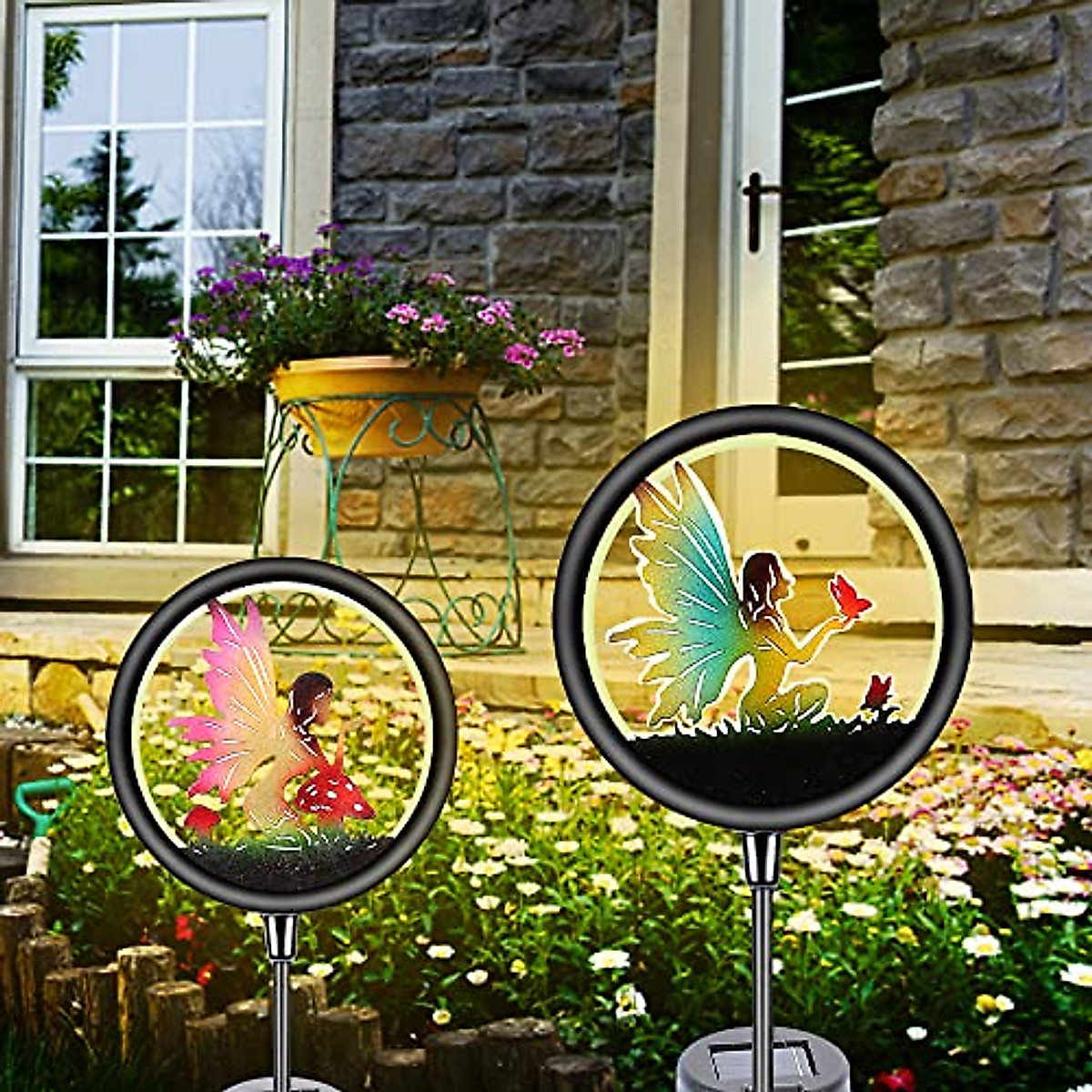 EDOF 2 Pack Fairy Solar Light Garden Decor, Fairy Decorative Garden LED Stake Lights for Walkway Yard Lawn Patio Garden Courtyard Waterproof Outdoor Decorative