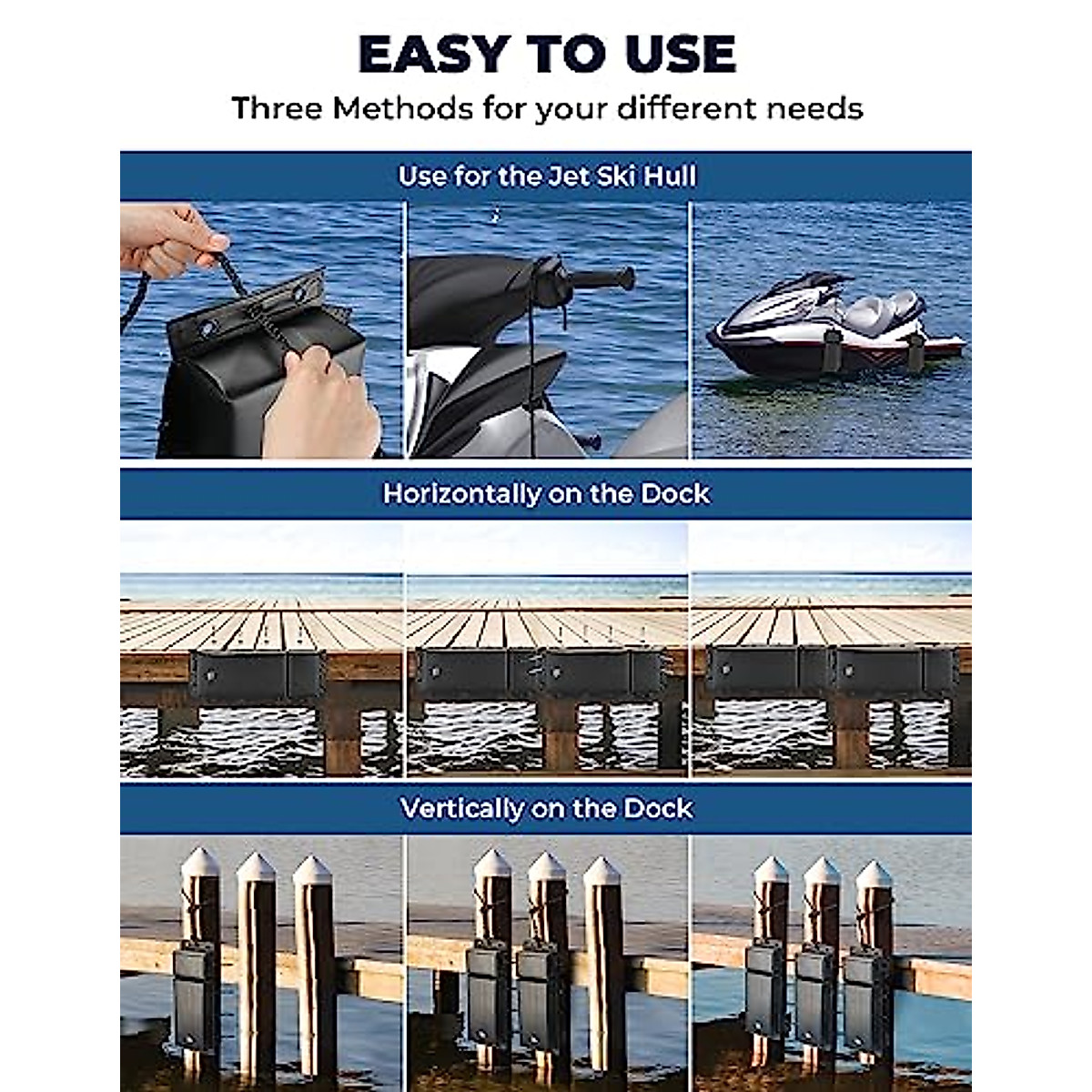 KEMIMOTO PWC Boat Fender, Marine Dock Fender for Straight-Edge or Corner, 2 Pack Boat Fenders Bumpers for Jet Ski with 2 Ropes, Black