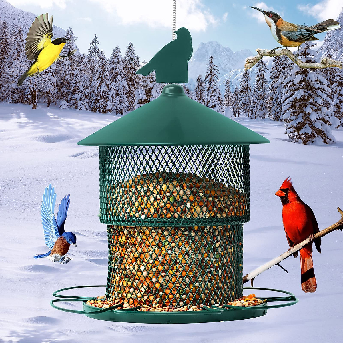 Bird Feeder for Outside Hanging,Squirrel Proof Metal Bird Feeder for Outdoor Wild Birds, 7.4 lb Seed Large Capacity Retractable Hanging Bird Feeders for Cardinal, Finch, Sparrow, Chickadee etc(Green)