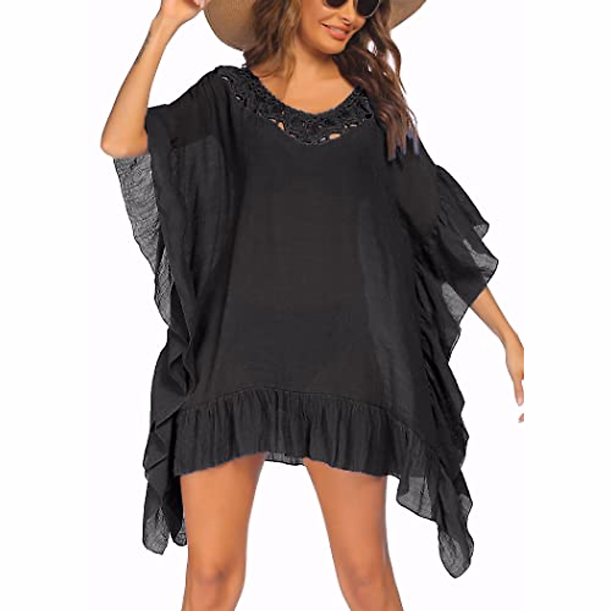 Ekouaer Swimsuit Cover Ups Women Bat Sleeve Bikini Beachwear Top Loose Beach Cover Up(M,Black)