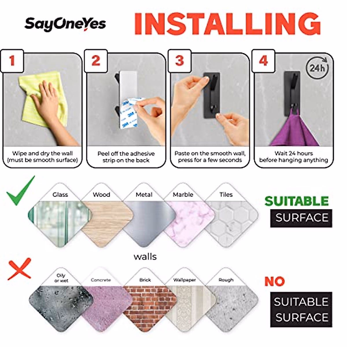 SAYONEYES Matte Black Adhesive Towel Hooks for Bathrooms - SUS304 Stainless Steel Waterproof Wall Hooks with Strong Adhesive Tapes – 3M Towel Hooks for Bathroom, Bedrooms, Kitchen – 4 Pack