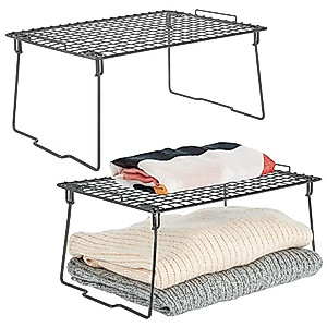 mDesign Farmhouse Metal Stacking Storage Shelf - Closet, Cabinet, Countertop 2-Tier Raised Organizer - for Bedrooms, Bathrooms, Entryways, Hallways - 2 Pack - Graphite Gray