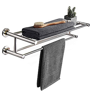 MAT Expert 24” Bath Towel Rack, Stainless Steel Double Storage Tier Towel Bar, Wall-Mounted Towel Holder Organizer, Modern Brushed Finish, Rustproof Towel Shelf for Bathroom/Kitchen/Hotel