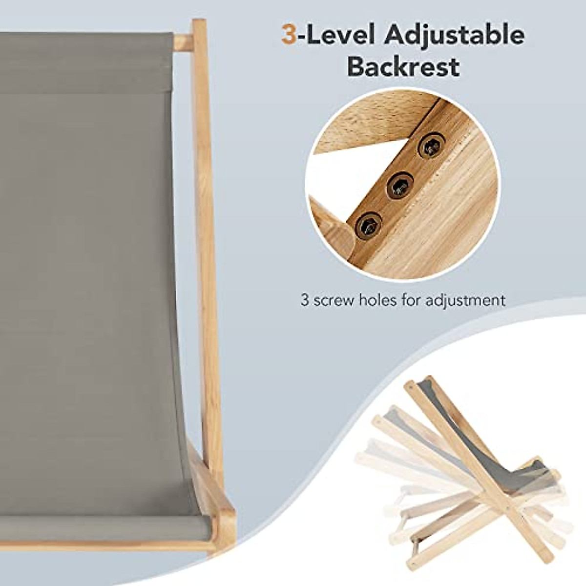 Tangkula Folding Sling Chair, Outdoor Wood Portable Beach Chair with 3-Positions Adjustable Backrest, Patio Lounge Chair with Thick Cushion for Yard Poolside Balcony (2)