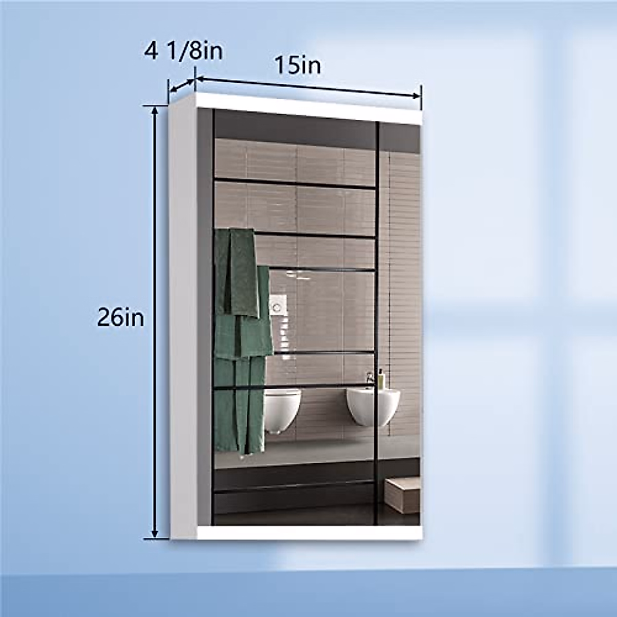 ES-DIY 15''x 26'' LED Lighted Bathroom Medicine Cabinet with Mirror, Surface Lighted Medicine Cabinet,Dimmable,Adjustable Shelves,Intelligent Switch Medicine Cabinet, Aluminum Frame, 120°Soft Hinge