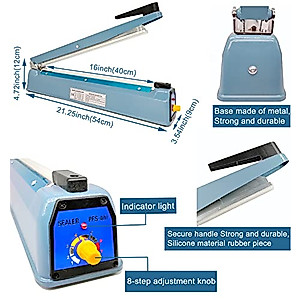 Impulse Heat Sealer 16 Inch Mylar Bag Sealer Heat Seal Machine, 110v Manual Heat Sealer for Plastic/Poly/Cookie Bags, 8 Replacement Parts & Teflon Cloth Strip(2 Round Cutter Lines Included)