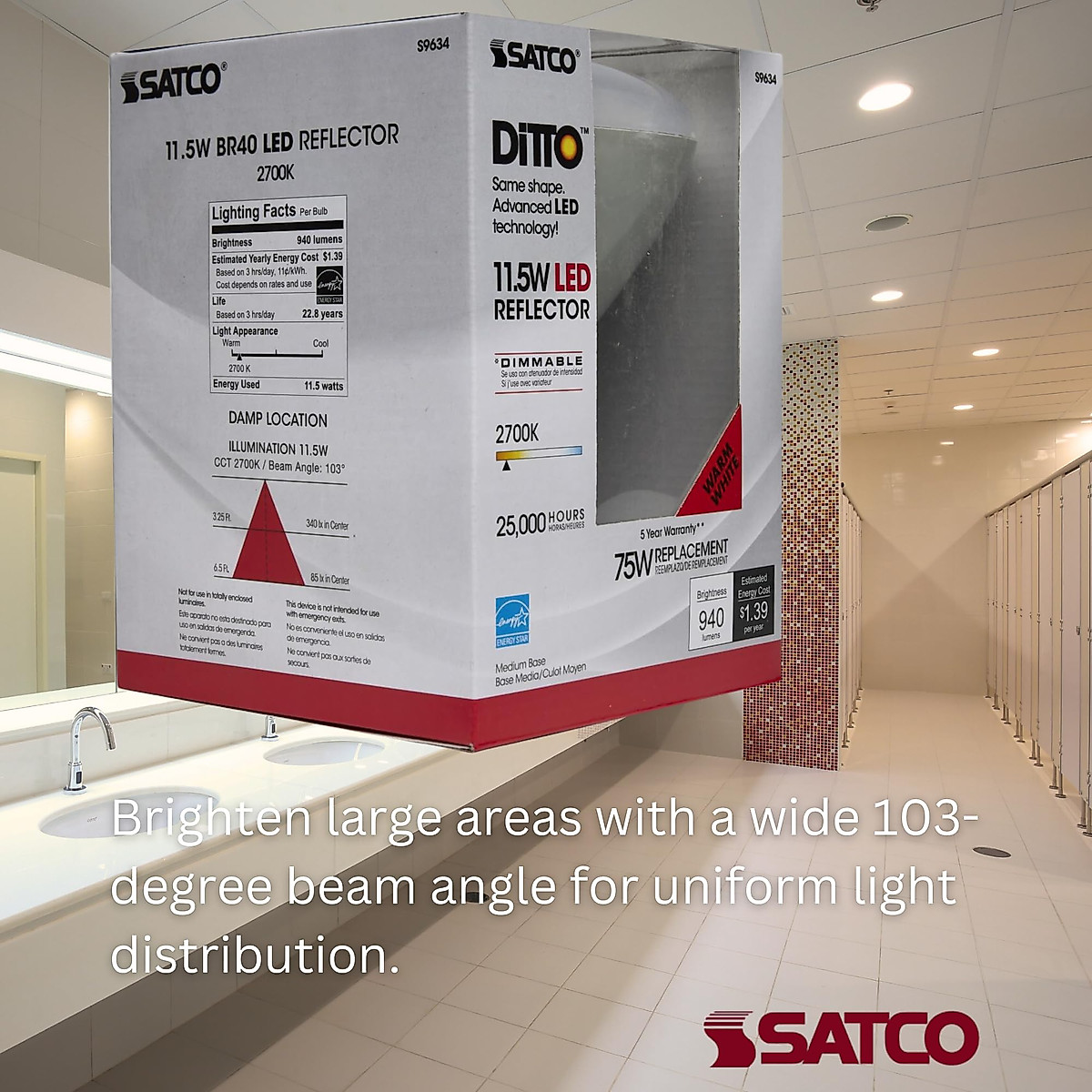 Satco S9634 11.5W BR40 LED Bulb – 2700K Warm White, 940 Lumens, 103° Beam Angle, Dimmable, Medium Base (6 LED Bulbs)