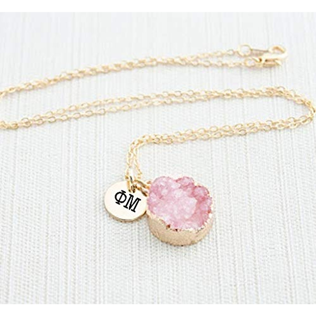 Sorority Shop PM Necklace - Phi Mu Pink Druzy Gemstone Necklace With Engraved Pendant – 14K Gold Dipped Jewelry with Pink Gemstone – Sorority Gift, Charm Paraphernalia